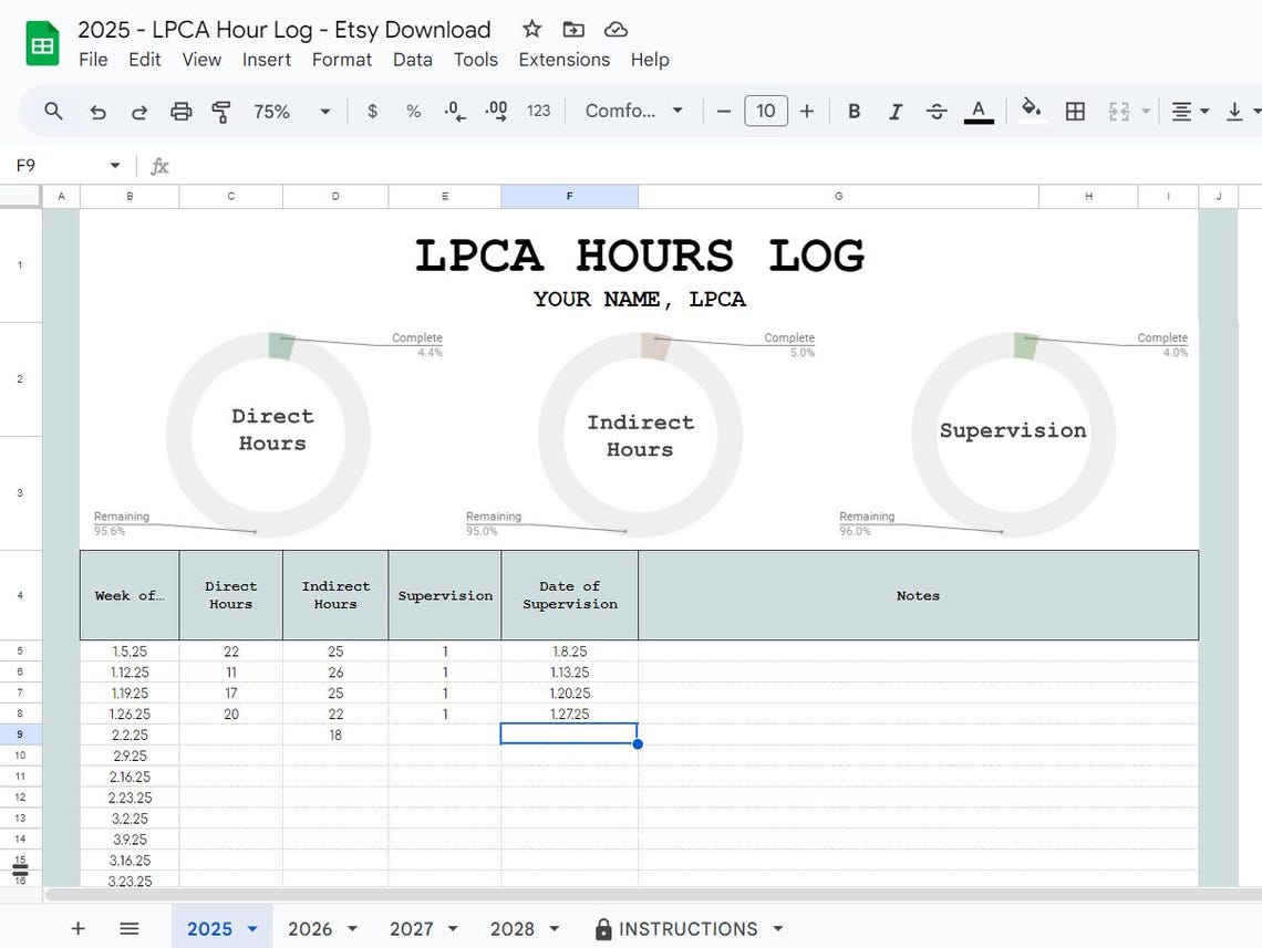 Licensure Hours Tracker for LCPA, LCSW, LPC, Etc. Google Sheets - Etsy