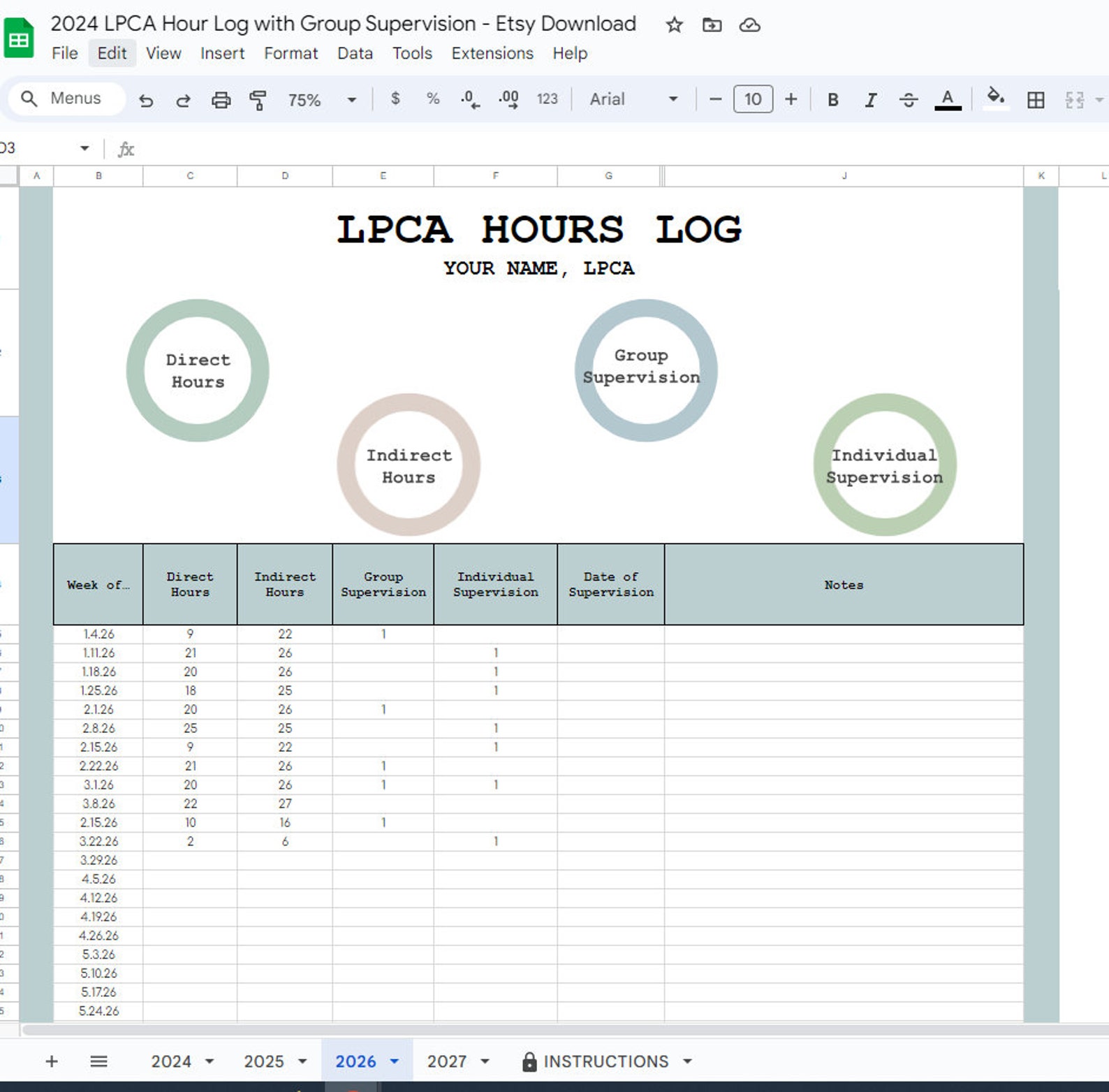 Licensure Hours Tracker (with Group Supervision Category) for LCPA ...