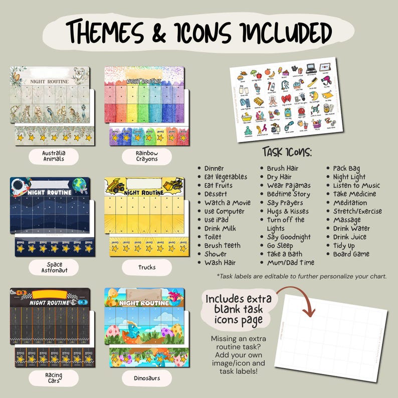 EDITABLE Daily Routine Charts Set - NIGHT Routine: Visual Timetable ...