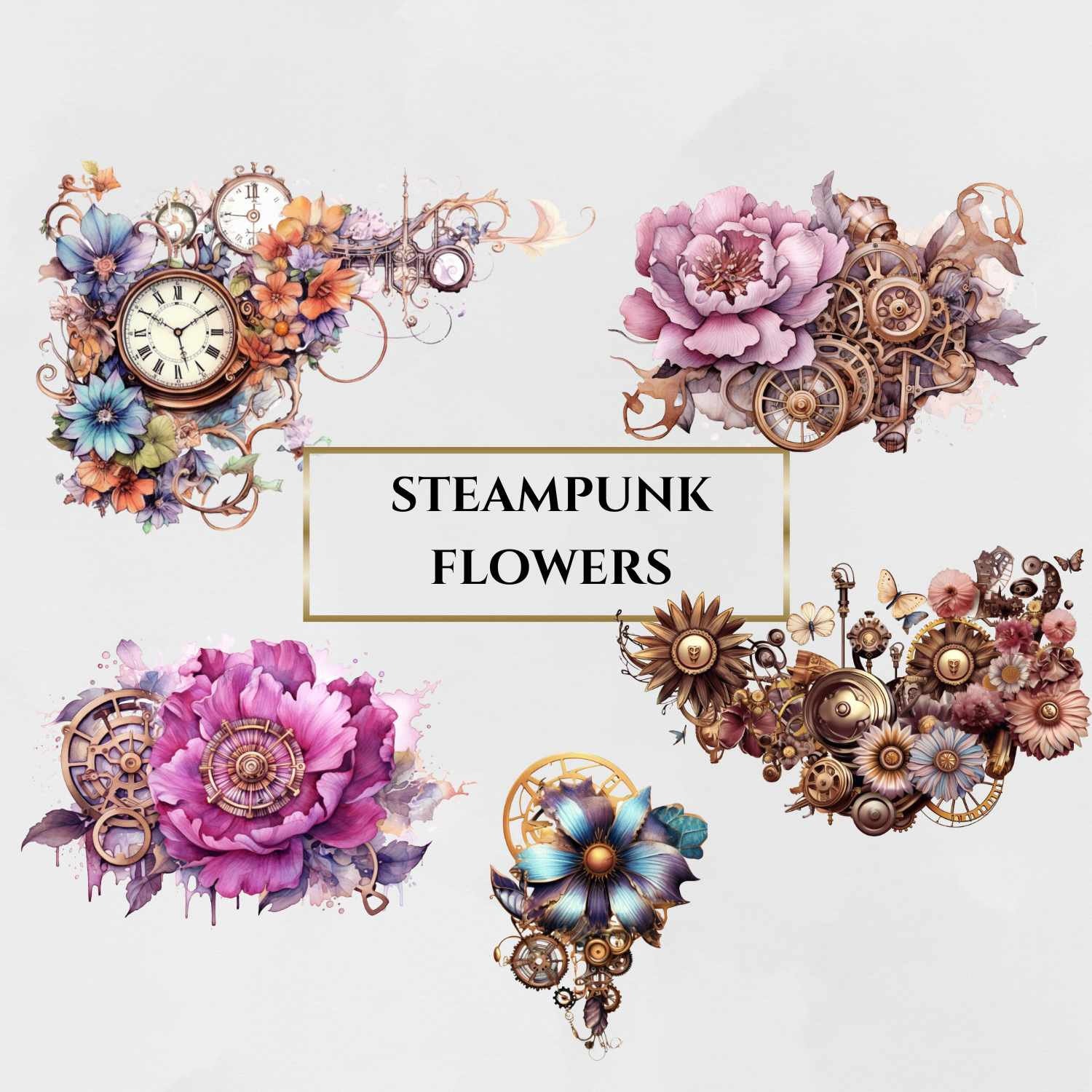 22 PNG Vintage Steampunk Flower Clipart, Watercolour Vintage Steampunk ...