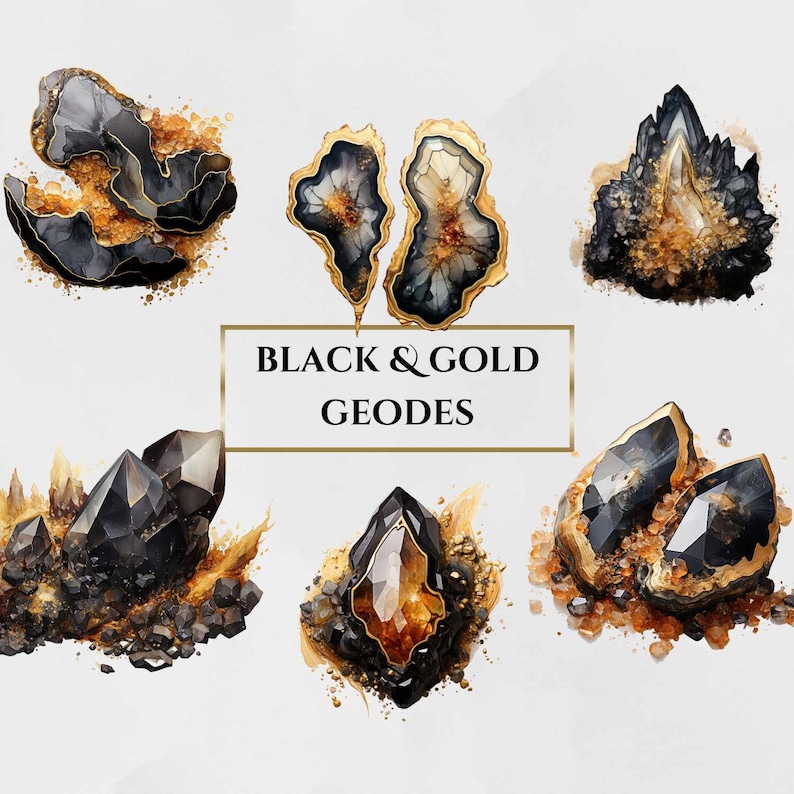 20 PNG Watercolour Black and Gold Geode Clipart - Etsy