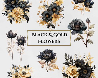Black and Gold Floral Bouquets Clipart, Digital Instant Download Black ...