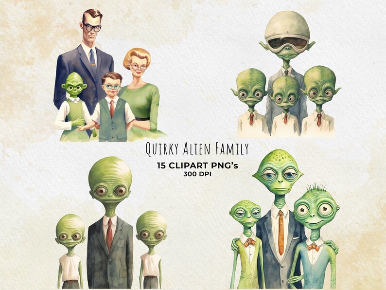 Quirky Alien Family Clip Art Set for Unique Greeting Cards, Commercial ...