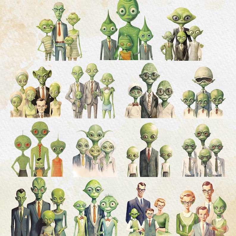 Quirky Alien Family Clip Art Set for Unique Greeting Cards, Commercial ...