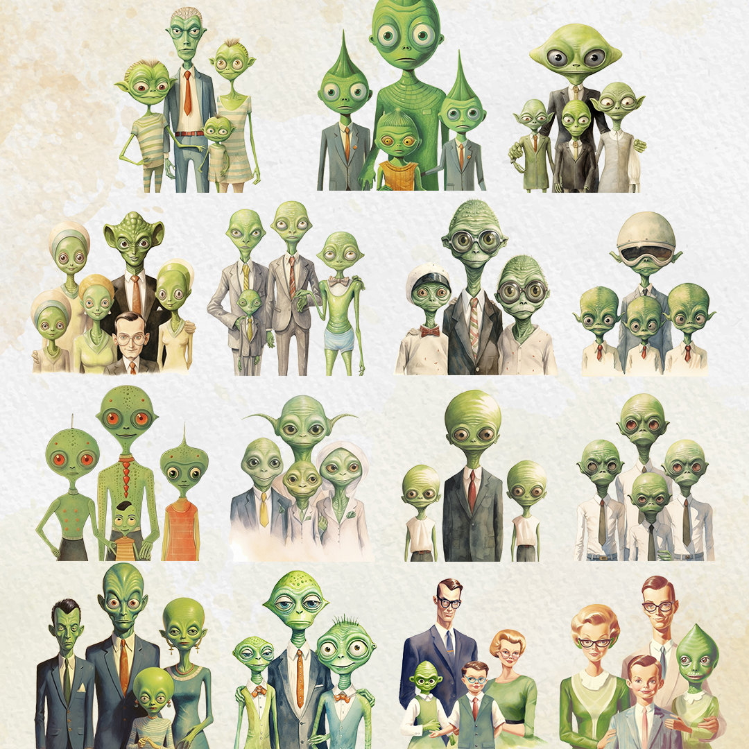 Quirky Alien Family Clip Art Set for Unique Greeting Cards, Commercial ...