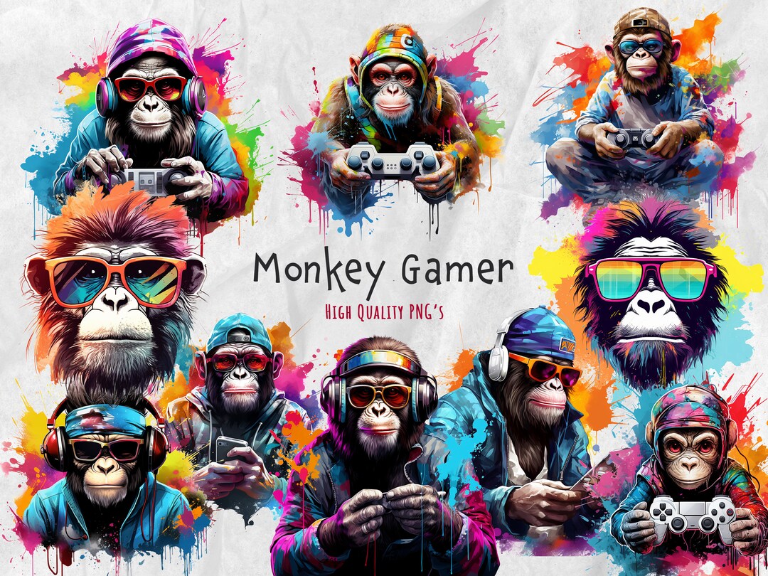 Colorful Gaming Monkey PNG Bundle - 10 Digital Files - Retro Graffiti ...