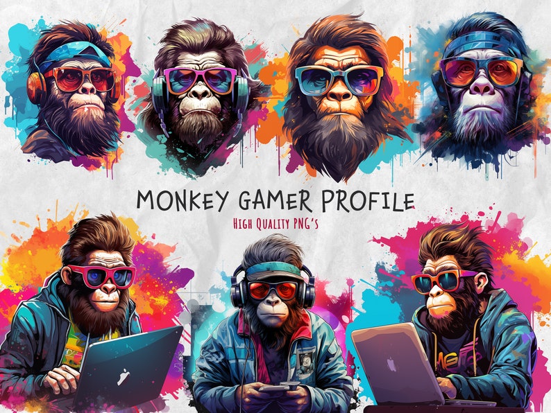 Gamer Monkey Profile 7x Transparent PNG File - Digital Download ...