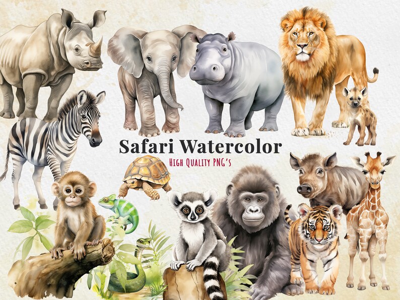 Cute Safari Watercolor Animals Transparent PNG Clipart, Print up to ...