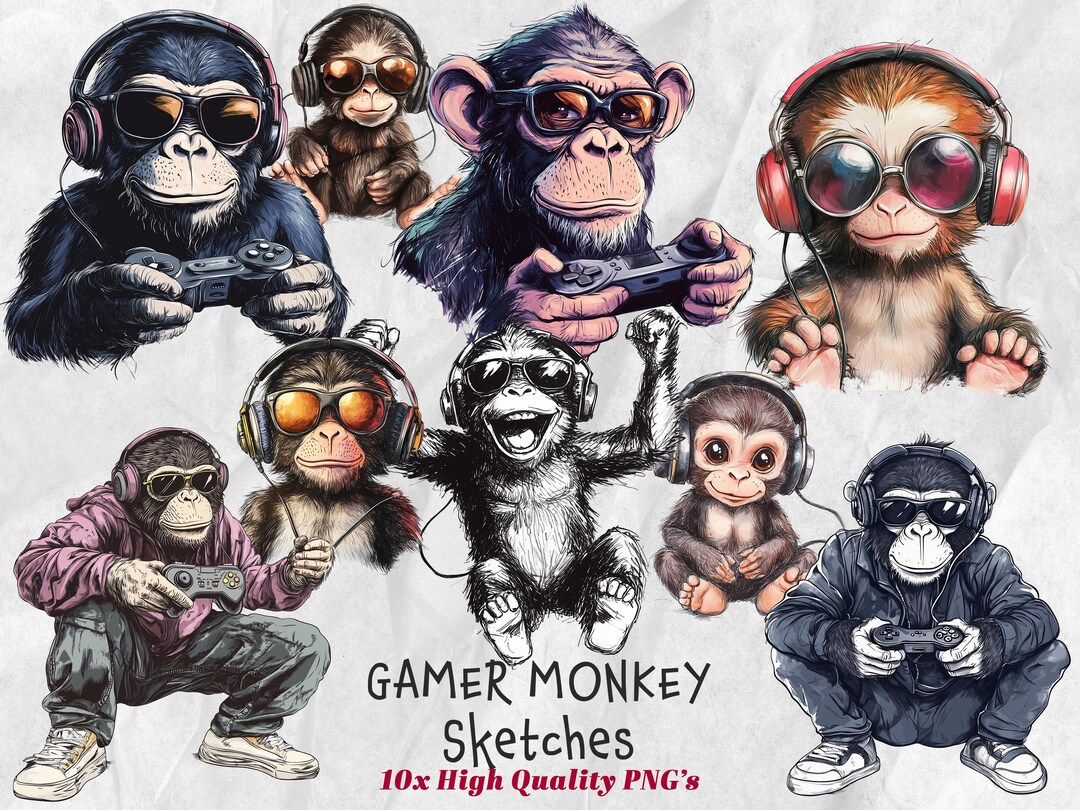 Hand Drawn Gaming Monkey PNG Digital Download | Gamer Monkey Clipart ...