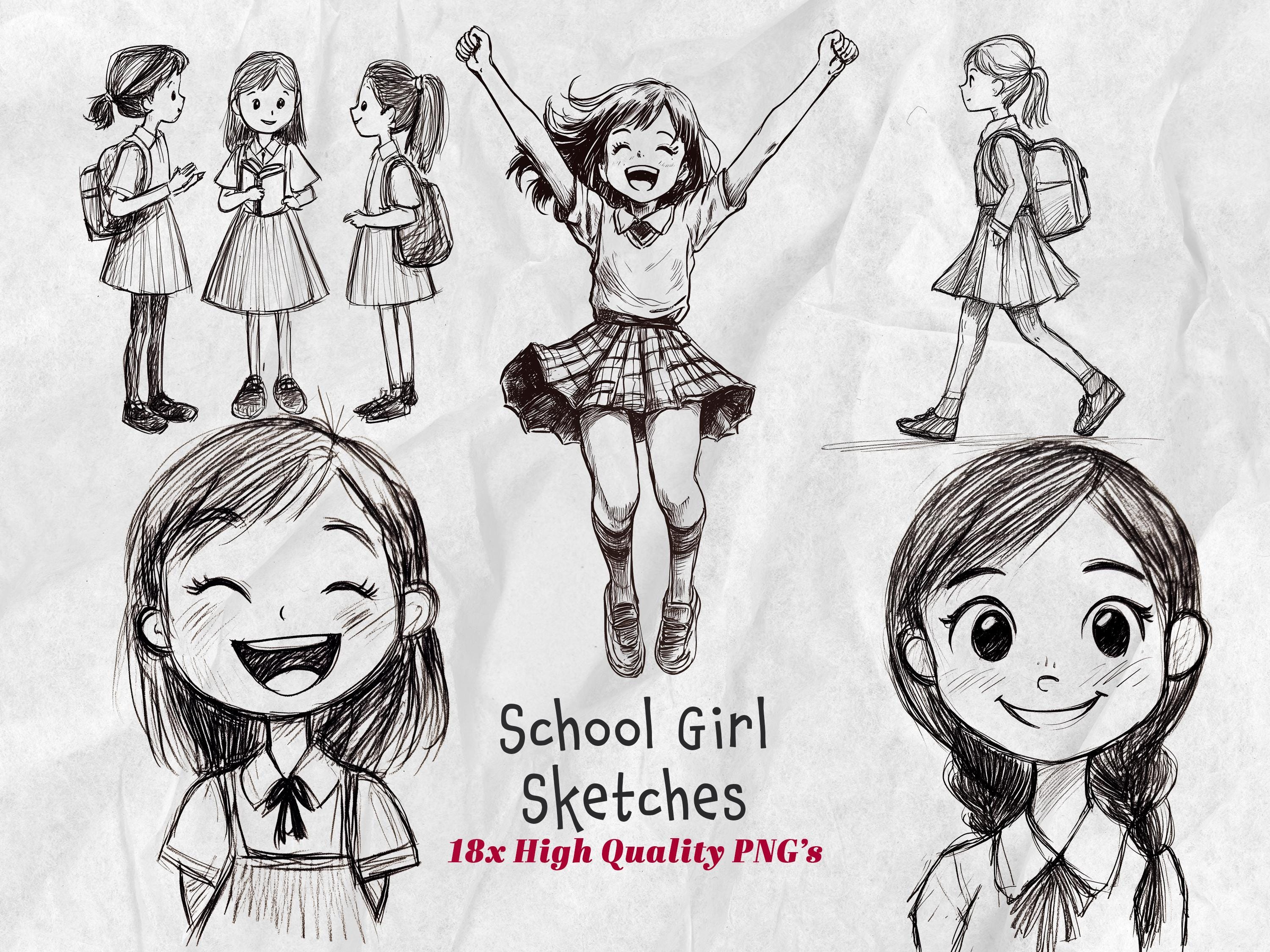 Hand-drawn School Girl Sketches PNG Collection – Cute School Girl in ...