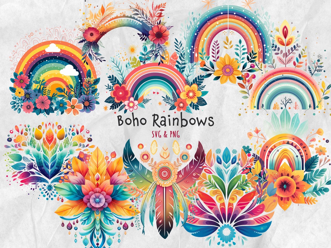 Boho Rainbow Clip Art Bundle: 10 PNG and SVG Files for Bohemian Baby ...