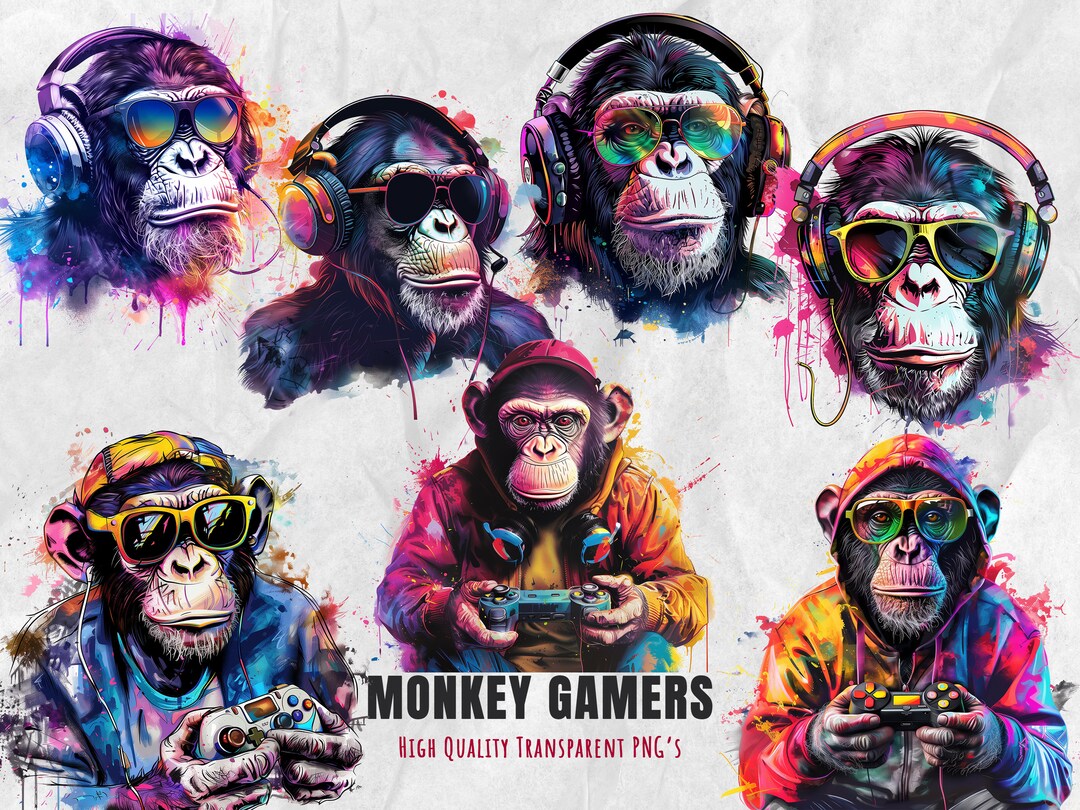 Graffiti Gaming Monkey PNG Bundle - 8 Digital Files - Retro Gorilla ...
