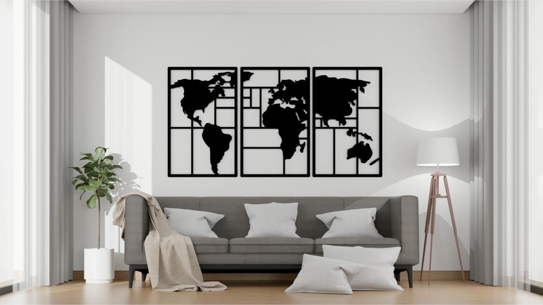 World Map Metal Wall Art Set 3-piece Framed Wall Art Contemporary Metal ...