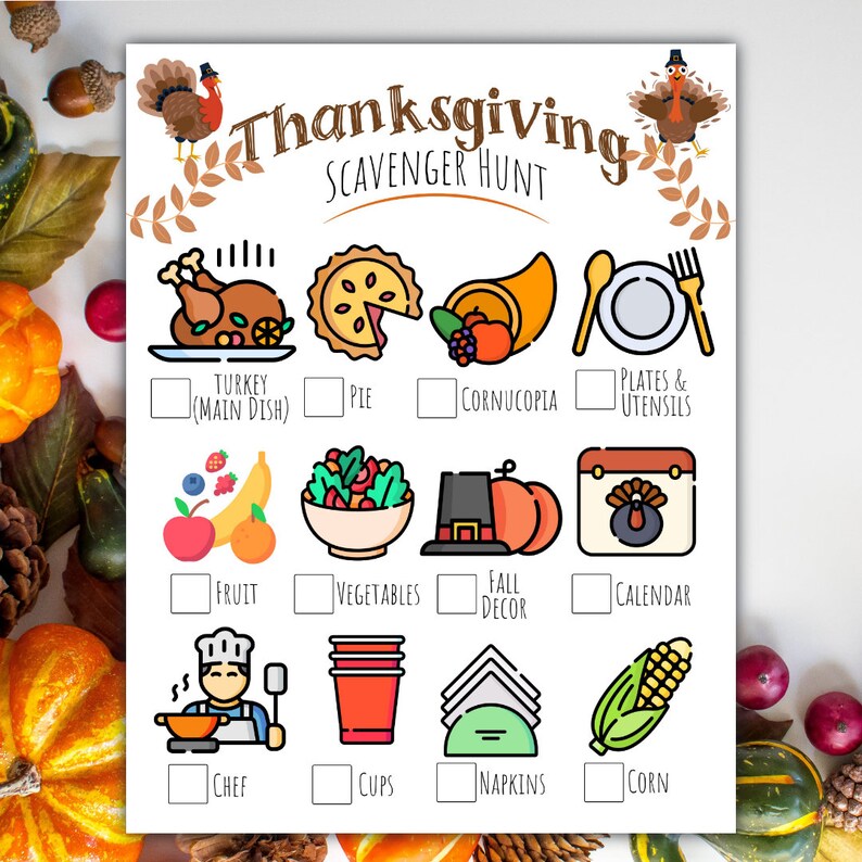 Printable Thanksgiving Scavenger Hunt, Treasure Hunt, Party Games ...