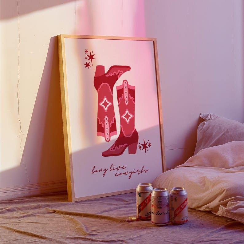 Western Disco Space Boots Cowgirl Wall Art, Bundle Pink Red Howdy ...