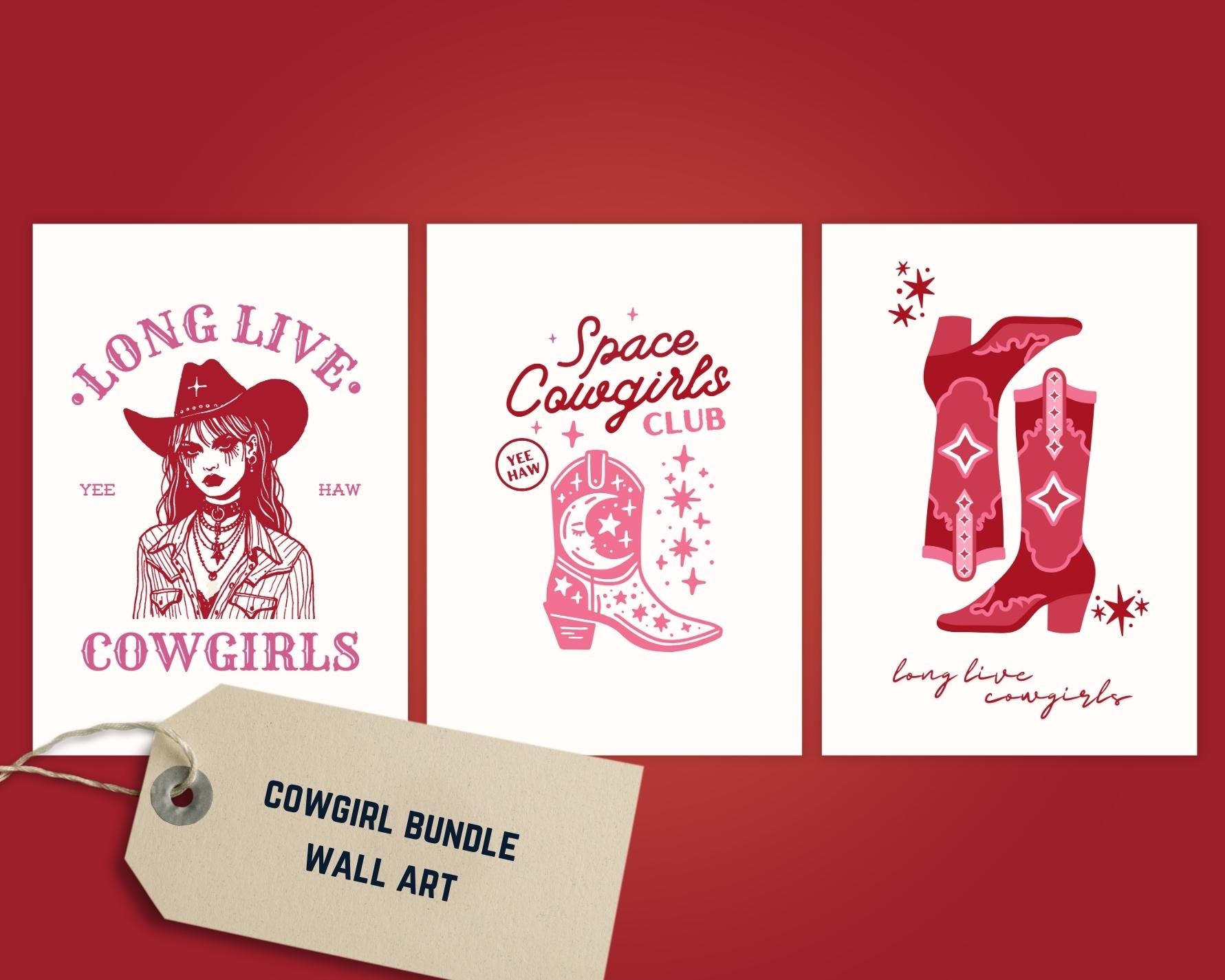 Western Disco Space Boots Cowgirl Wall Art, Bundle Pink Red Howdy ...