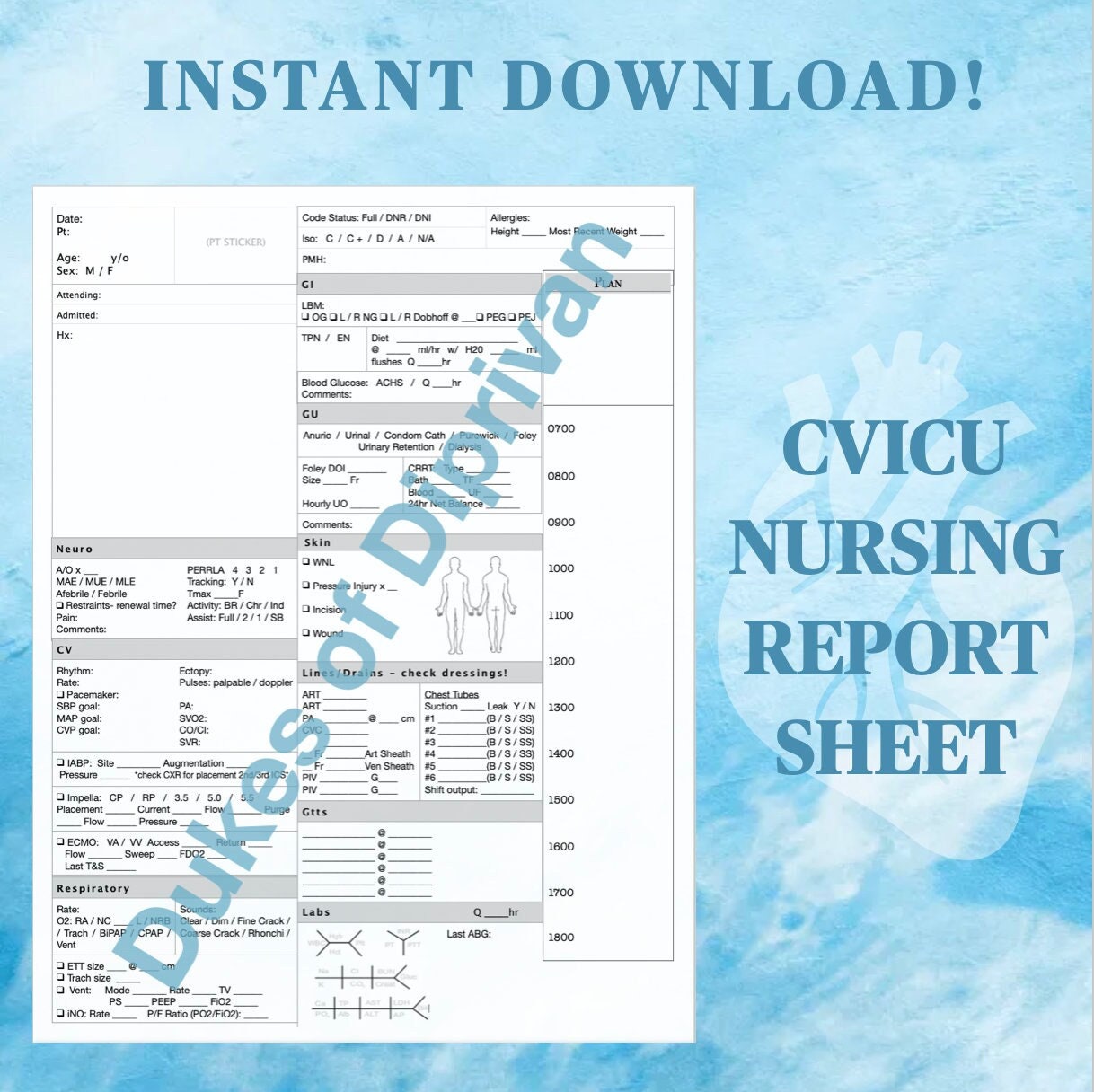 Printable CVICU Nursing Report Sheet (w/ Devices) - Etsy