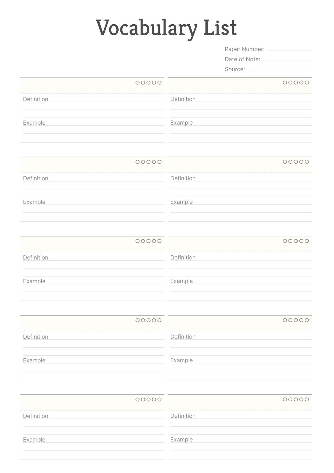 Digital Downloadable and Printable Vocabulary List Template in - Etsy