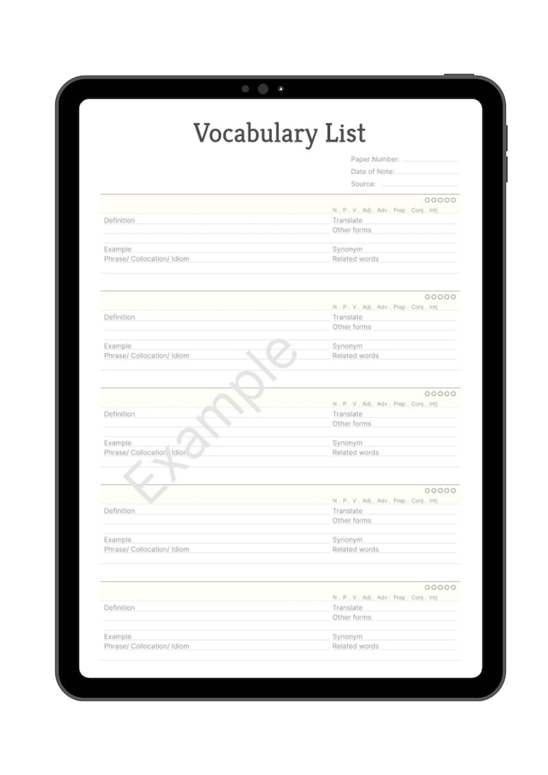 Digital Downloadable and Printable Vocabulary List Template in - Etsy