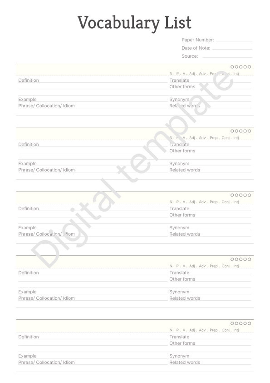 Digital Downloadable and Printable Vocabulary List Template in - Etsy