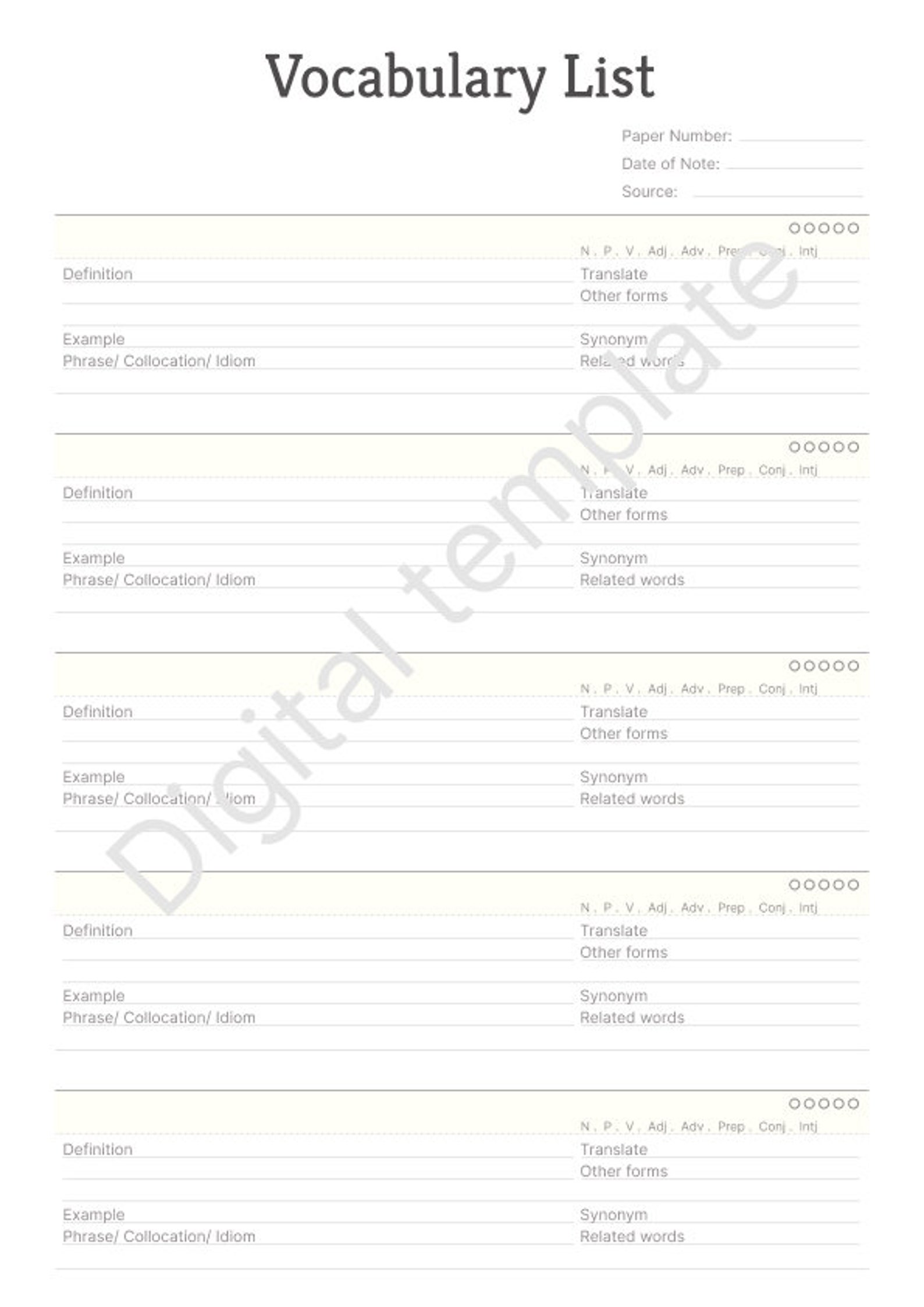 Digital Downloadable and Printable Vocabulary List Template in - Etsy