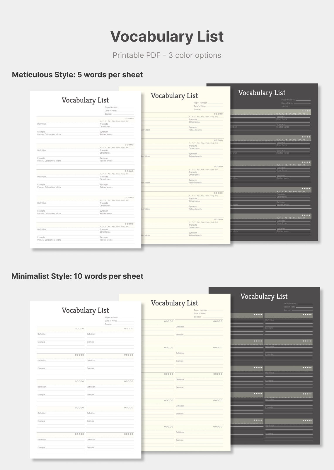 Digital Downloadable and Printable Vocabulary List Template in - Etsy
