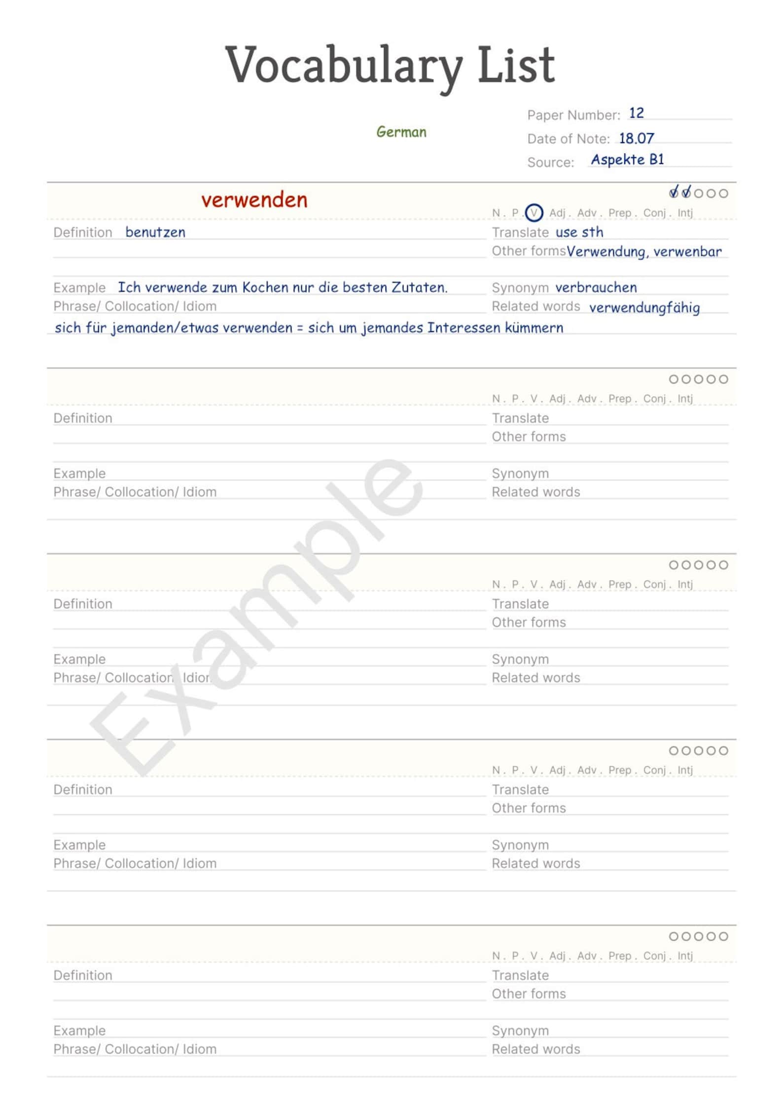 Digital Downloadable and Printable Vocabulary List Template in - Etsy