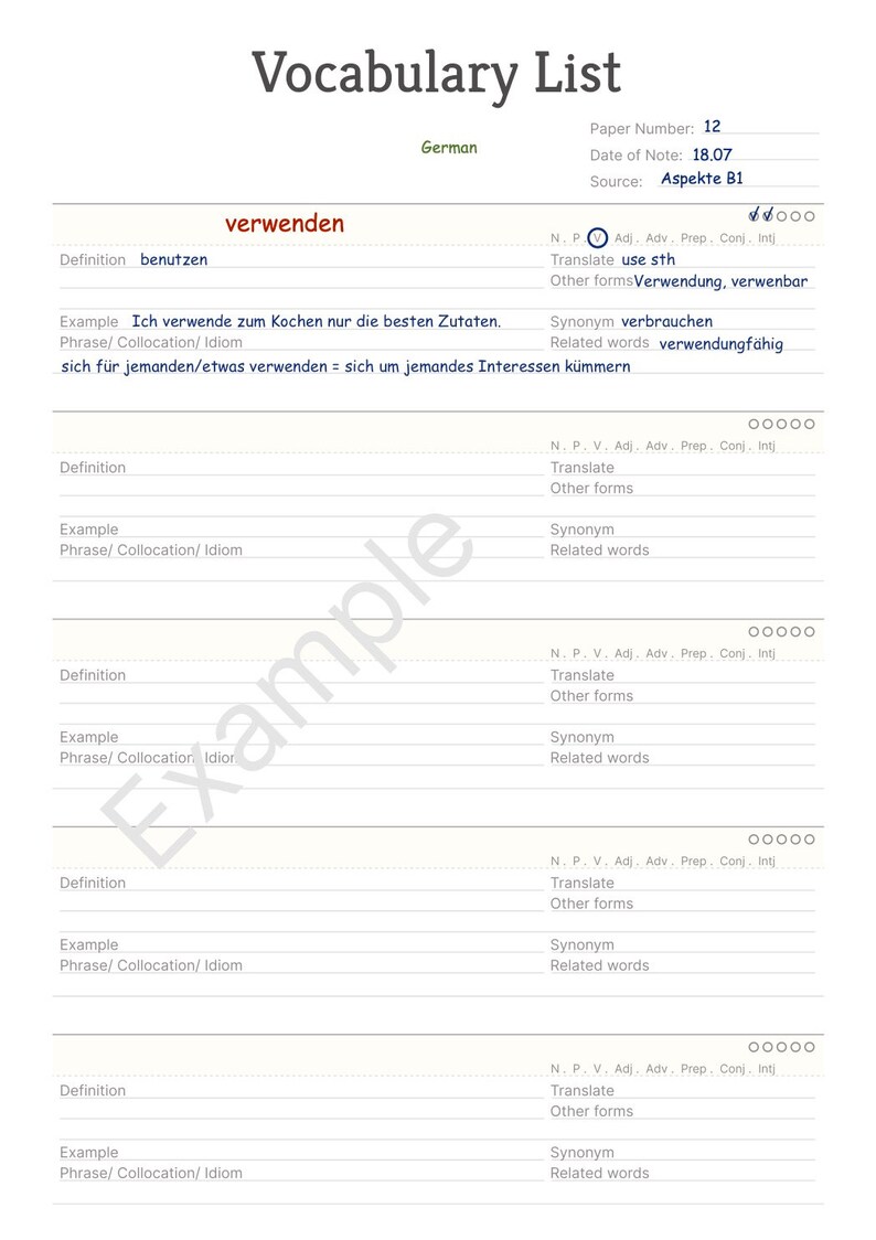 Digital Downloadable and Printable Vocabulary List Template in - Etsy
