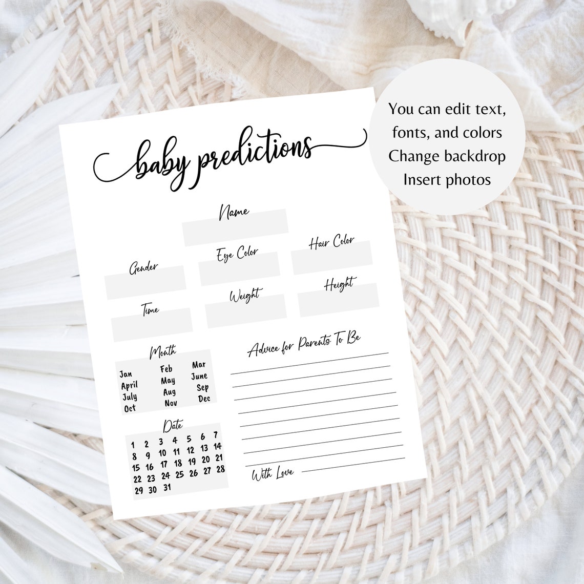 Baby Shower Game Baby Prediction Minimalist Baby Shower Games Printable ...