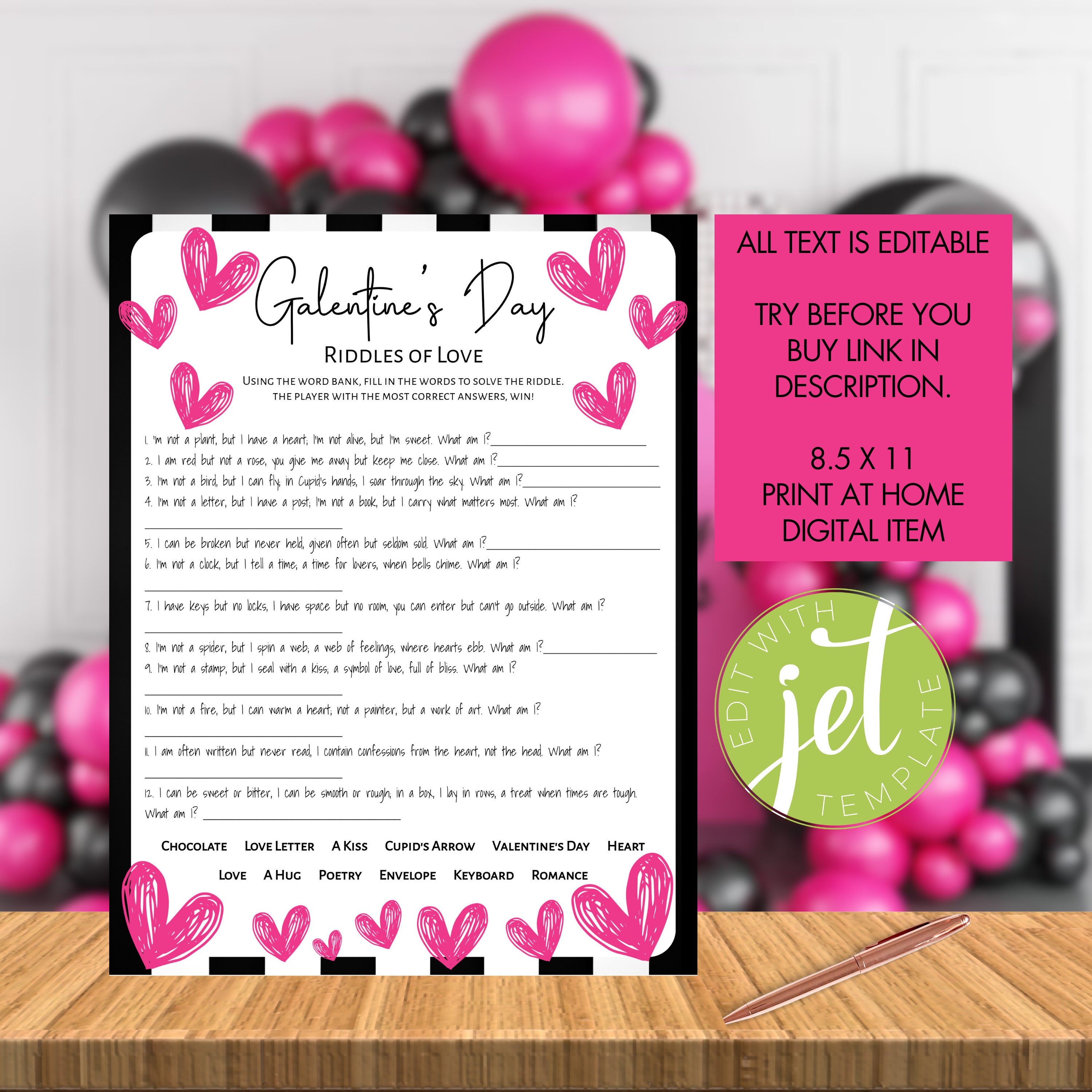 Galentine's Day Riddles of Love Game | Galentine Game | Valentine Game ...