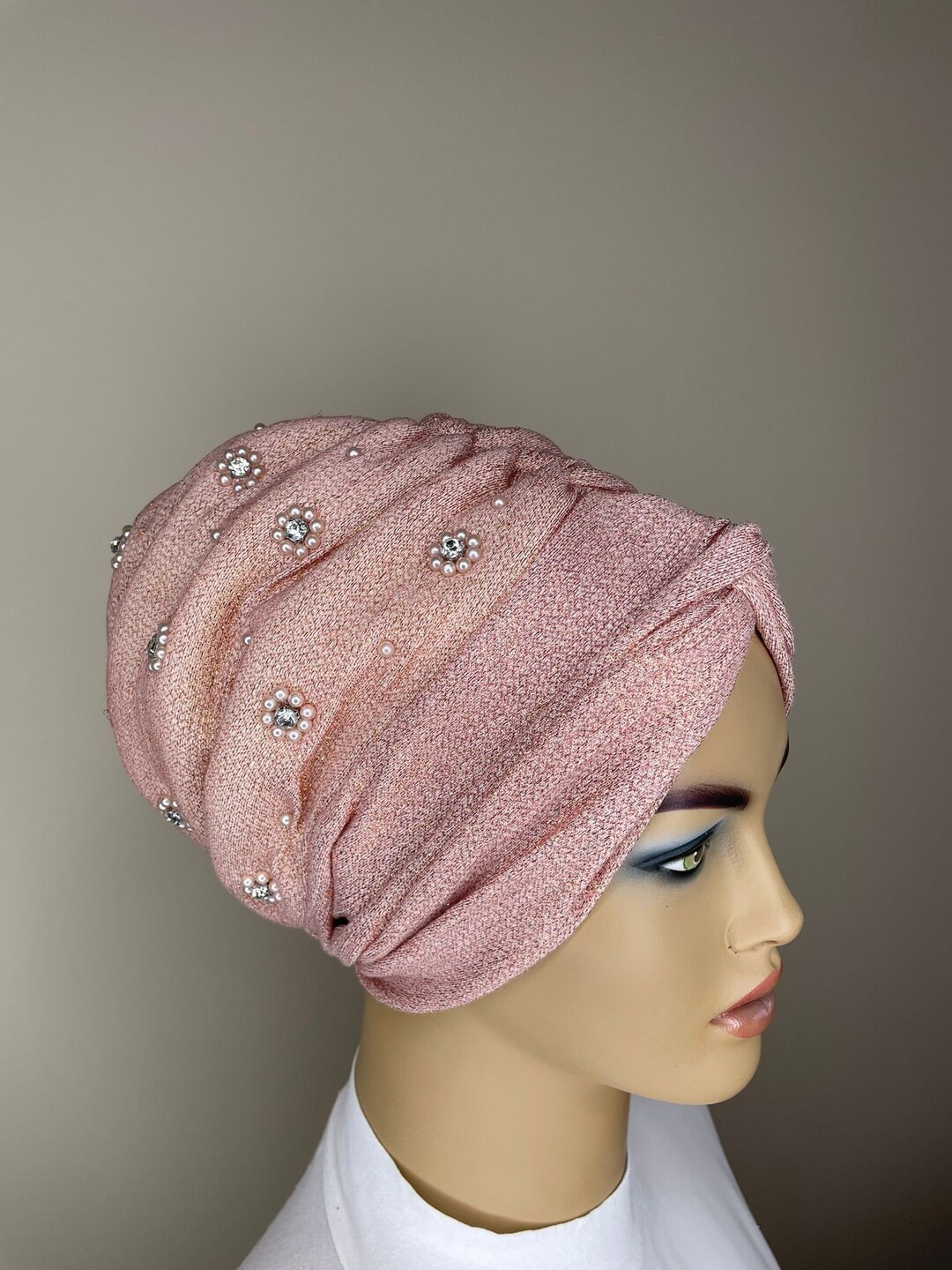 Silvery Embellished Pink Turban Hat Pretied Turban Silk Turban Pretied ...