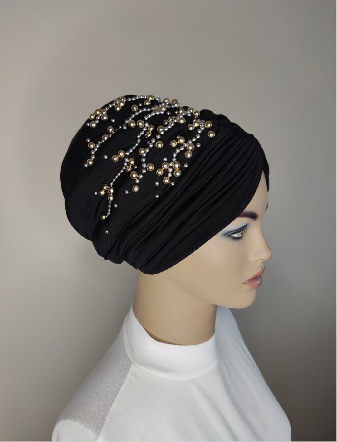 Luxury Pearly Beaded Black Turban Hat Pretied Turban Silk Turban ...