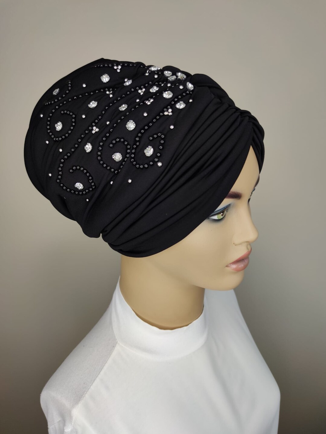 Pearl and Diamond Embroidered Black African Turban Headwrap,fancy ...