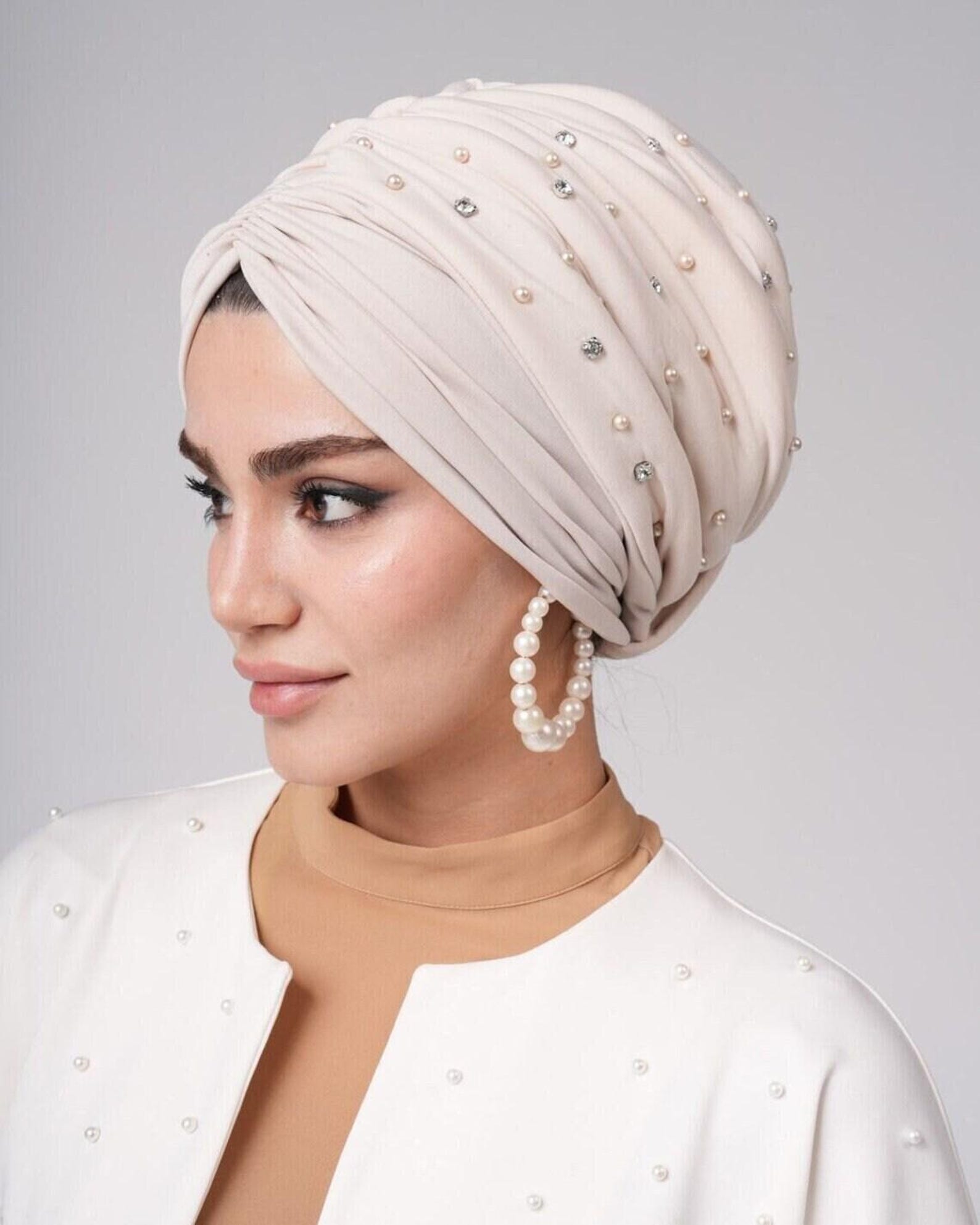 Luxury Pearl & Rhinestone Turban | Elegant Handmade Sandy Fabric ...