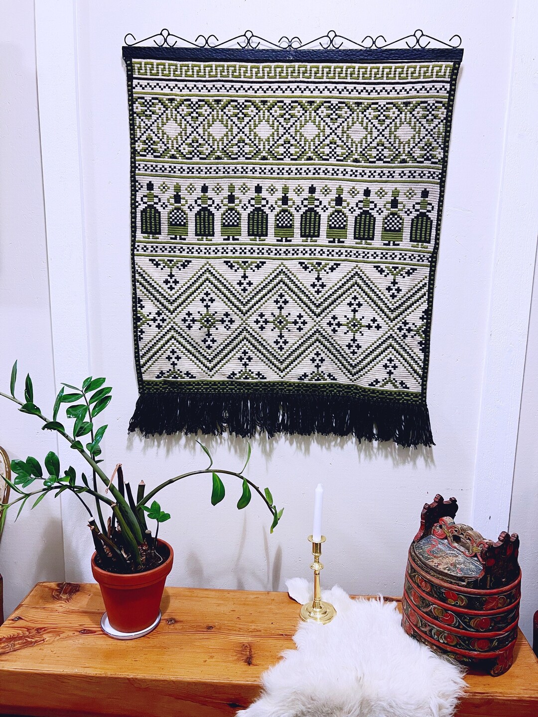 Vintage Norwegian / Scandinavian Wall Hanging Rug Tapestry "green Bunad ...