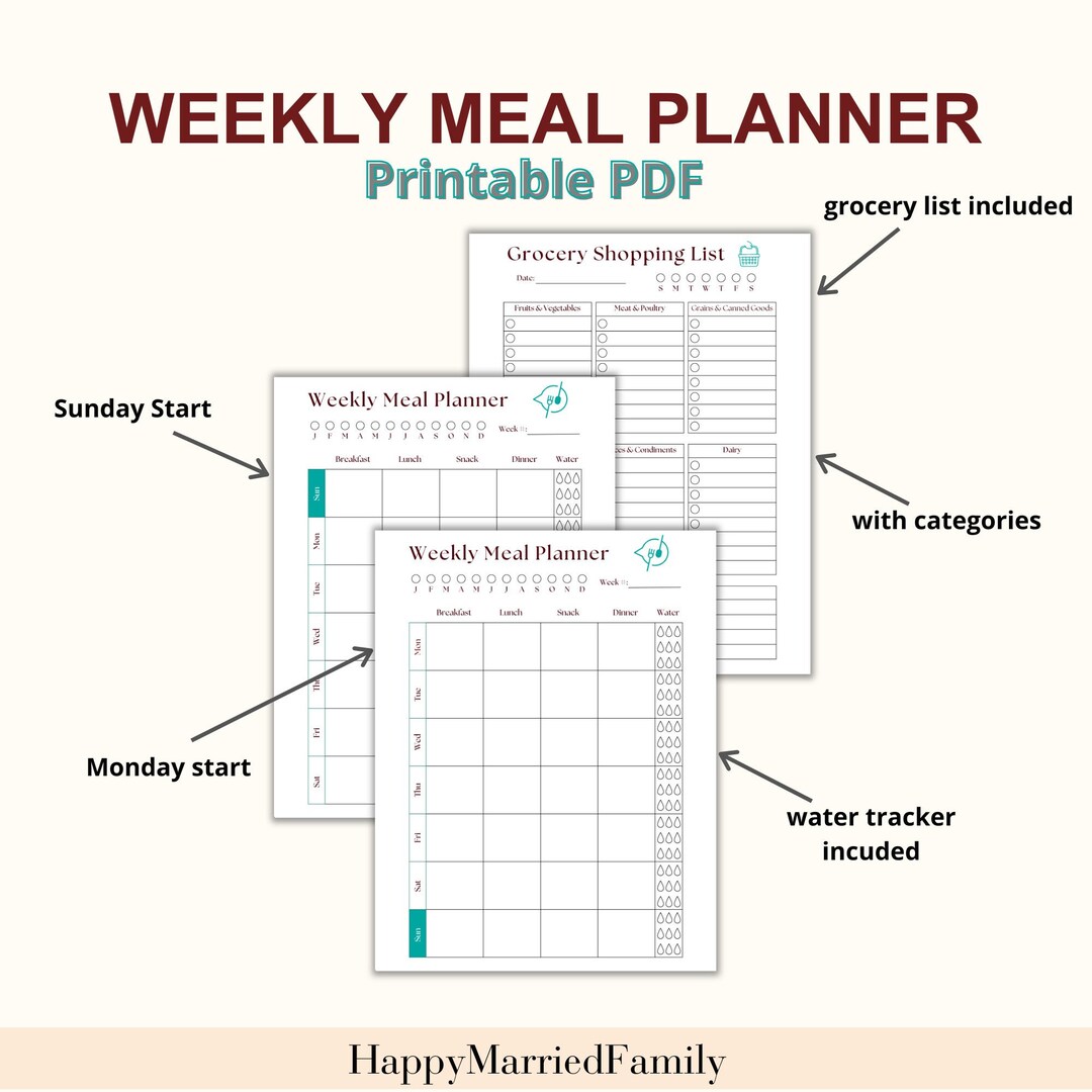 Weekly Meal Planner With Grocery List Printable, Menu Plan, Weekly Food ...