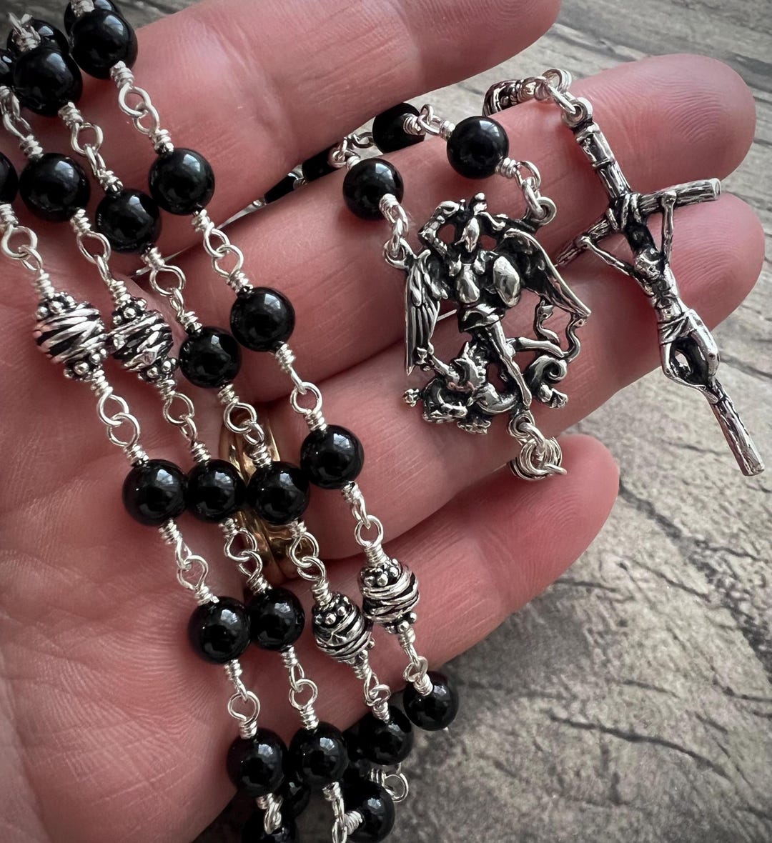 Sterling Silver Black Agate Rosary: St John Paul II Crucifix, St ...