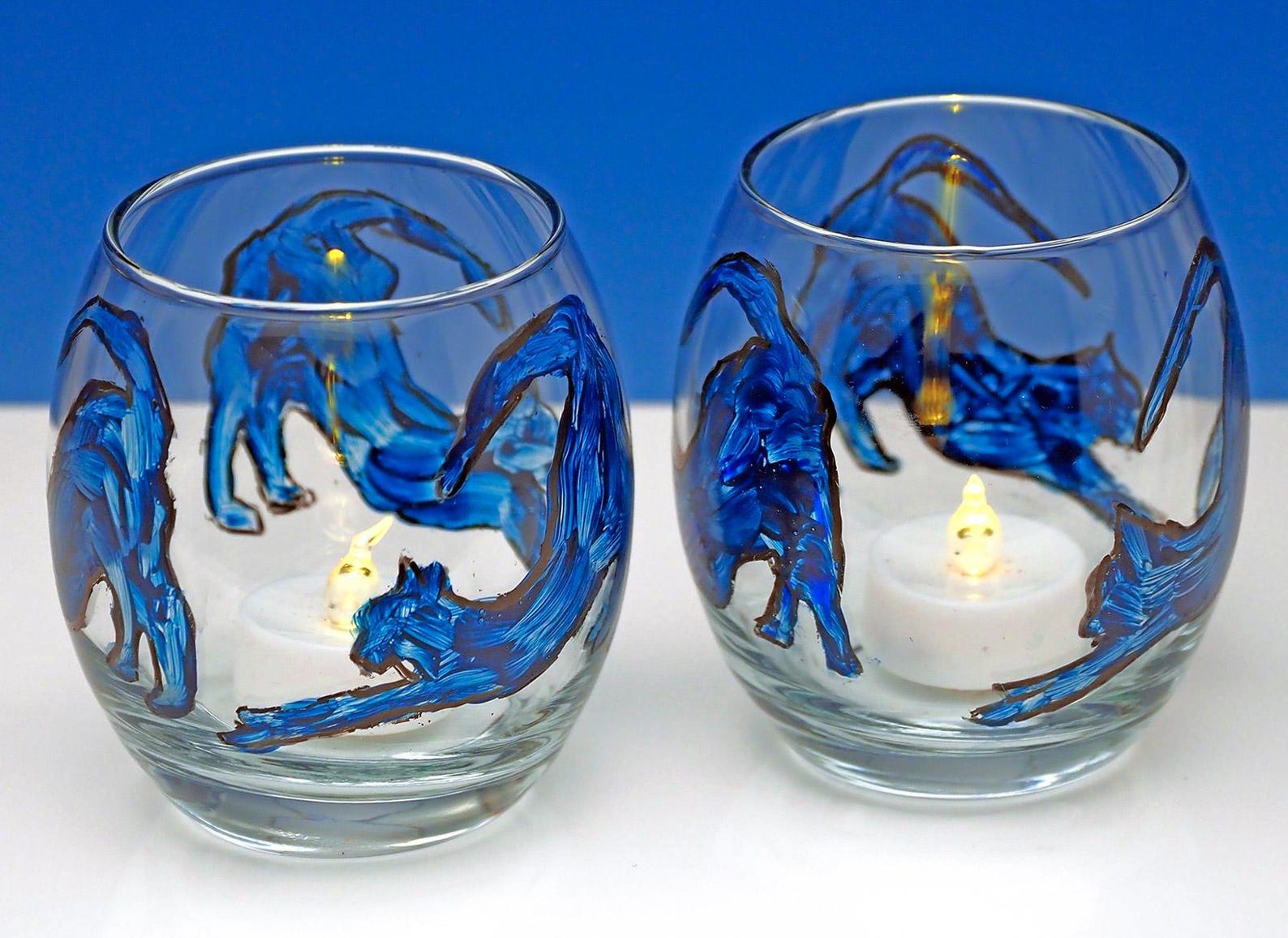 Blue Cat Glass T-light Holder + Battery Candle Light - Etsy