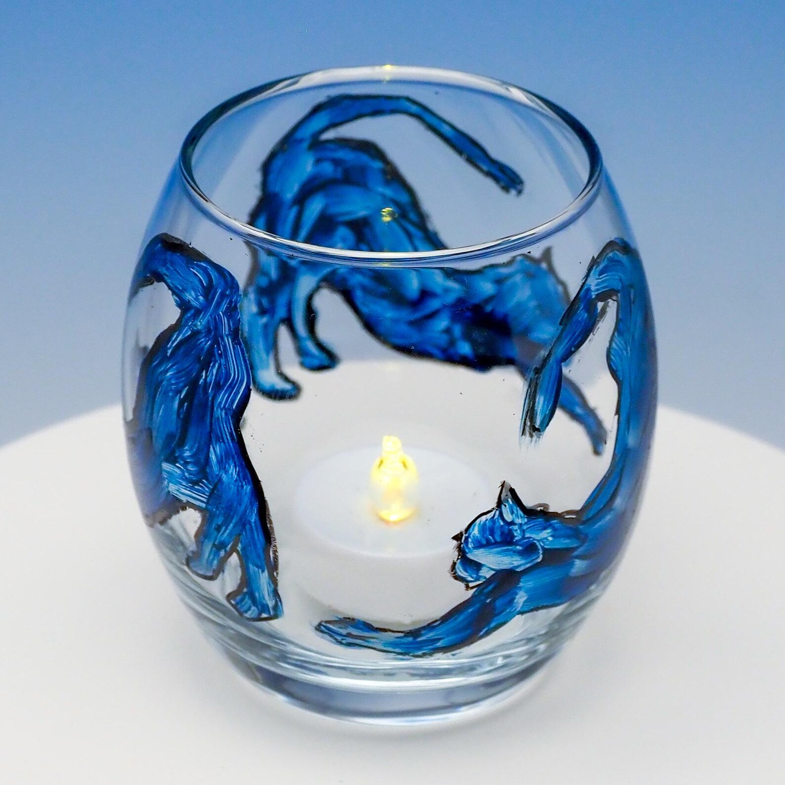 Blue Cat Glass T-light Holder + Battery Candle Light - Etsy