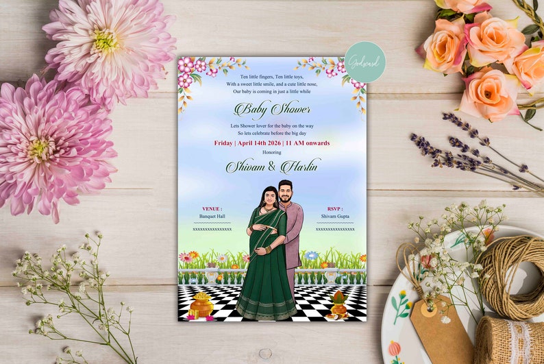 Custom Indian Caricature Baby Shower Invitation | Hindu Godh Bharai ...