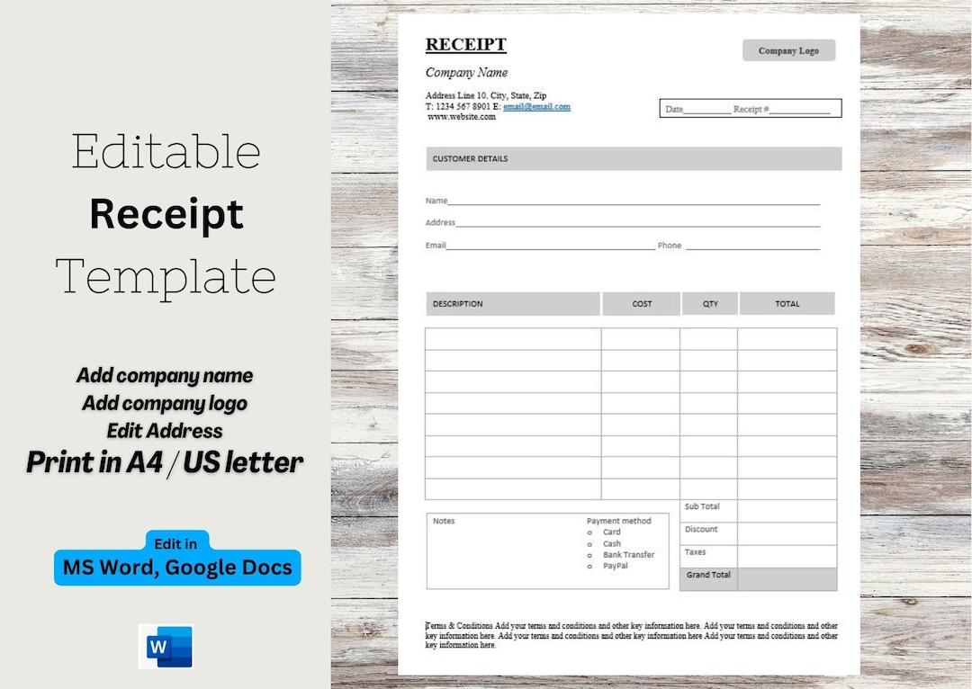 Receipt Template, EDITABLE Receipt Form, Small Business, Invoice Order ...