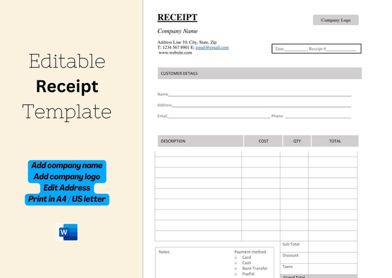 Receipt Template, EDITABLE Receipt Form, Small Business, Invoice Order ...