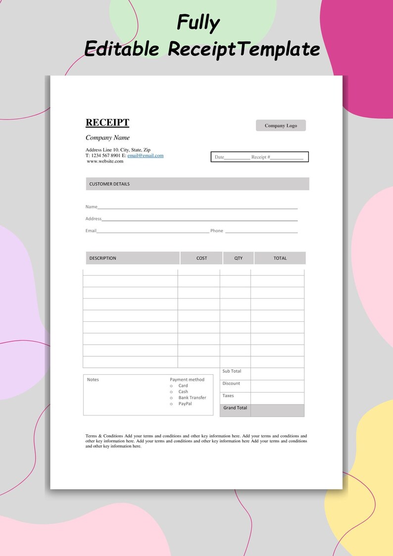 Editable Receipt Template: Invoice, Order, Job Estimate (word, Google ...
