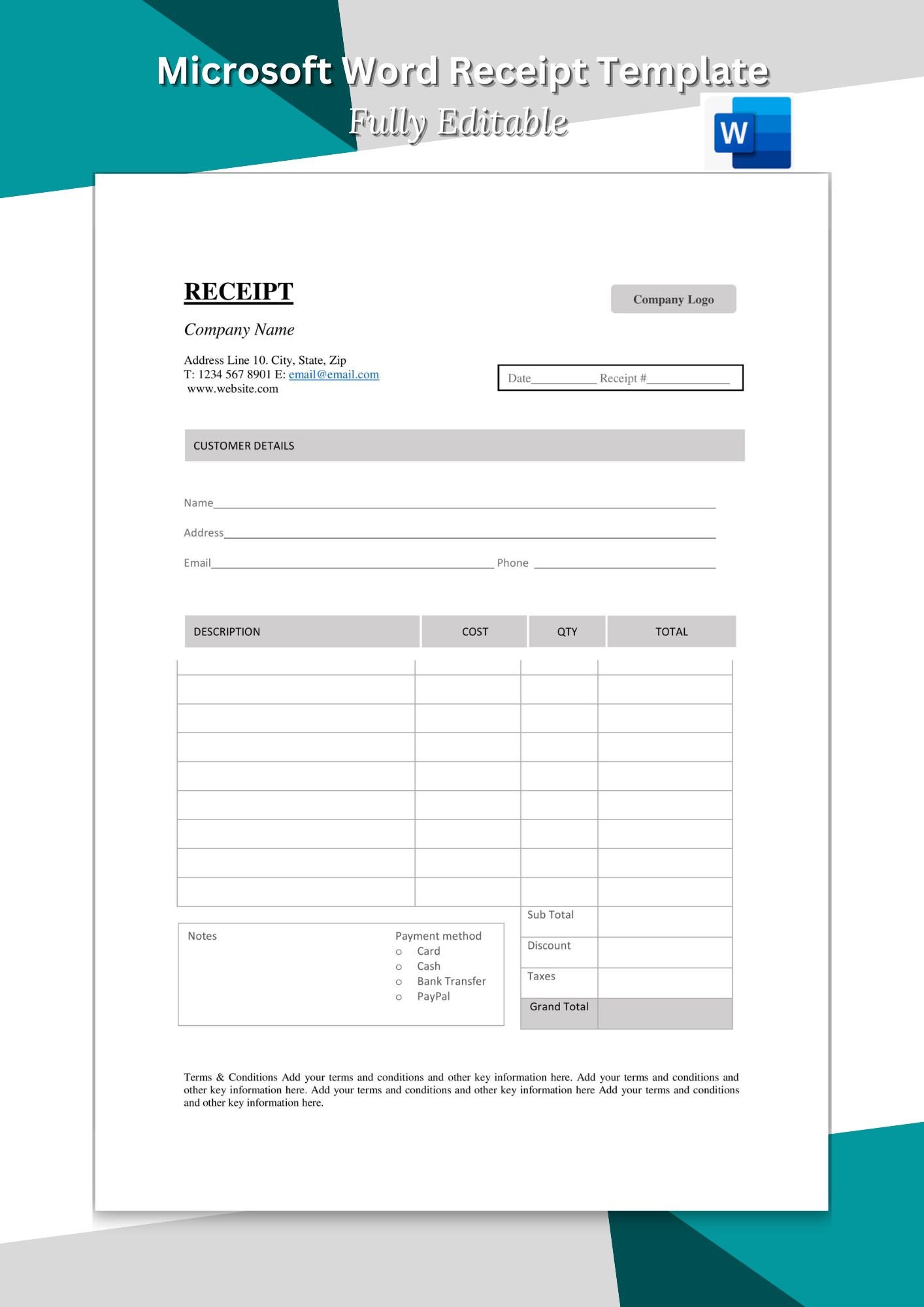 Editable Receipt Template: Invoice, Order, Job Estimate (word, Google ...