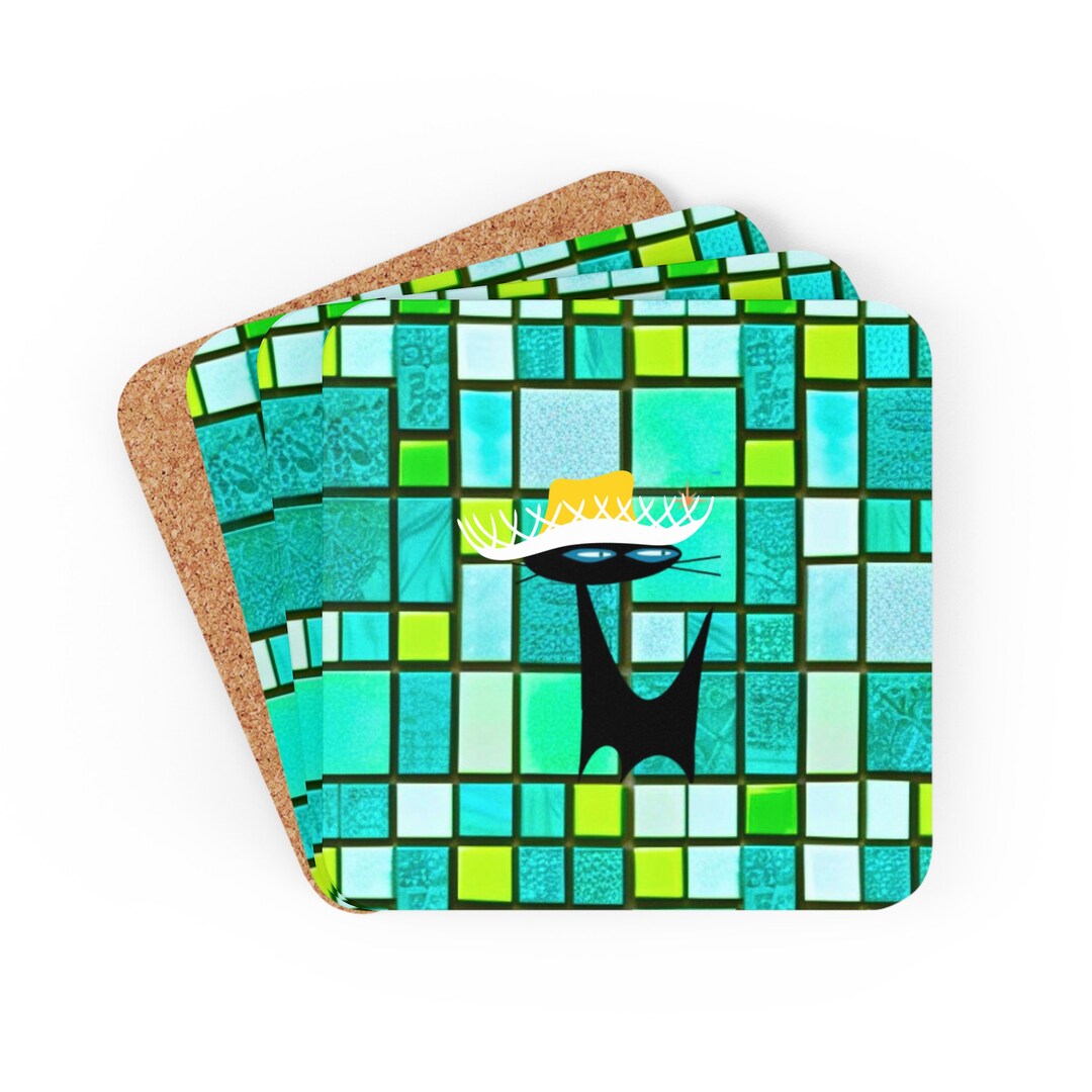 Midcentury Modern Atomic Black Vacay Cat Ocean Colors Tile - Etsy