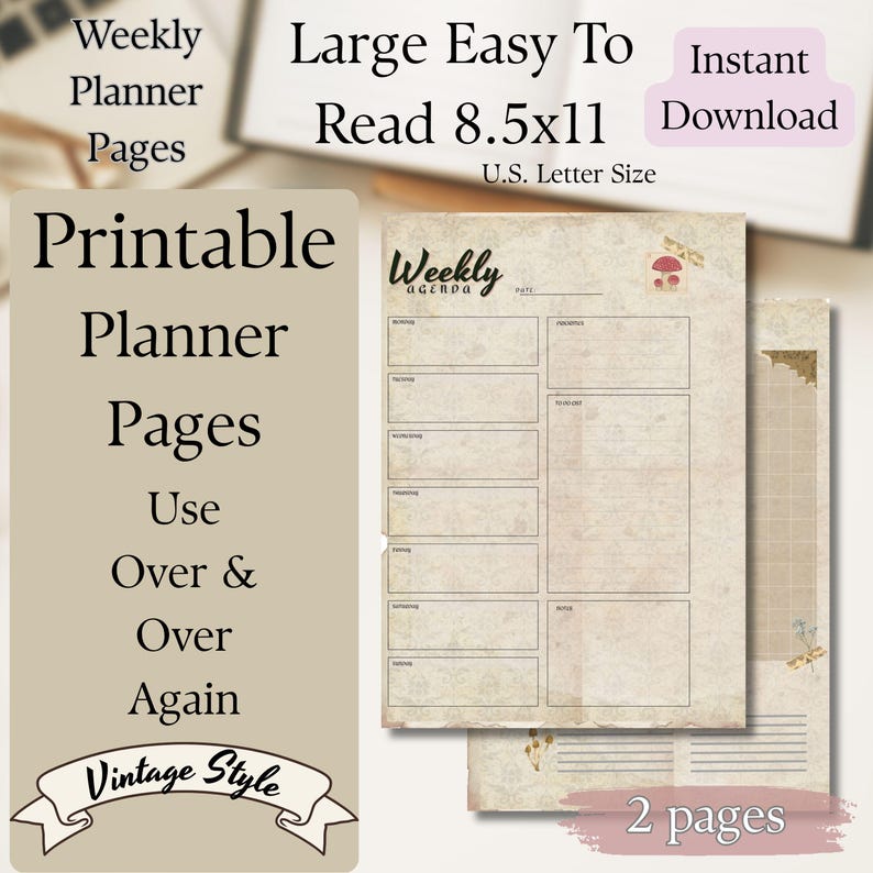 Vintage Weekly Planner Pages: Dark Cottagecore 8.5x11 (digital Download ...
