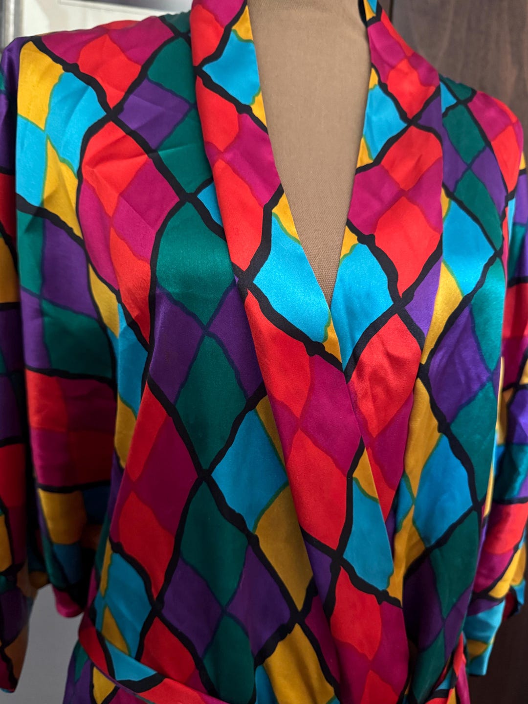 Vintage 1980s Beth Michaels Jewel Tone Harlequin Mosaic Silk Robe ...