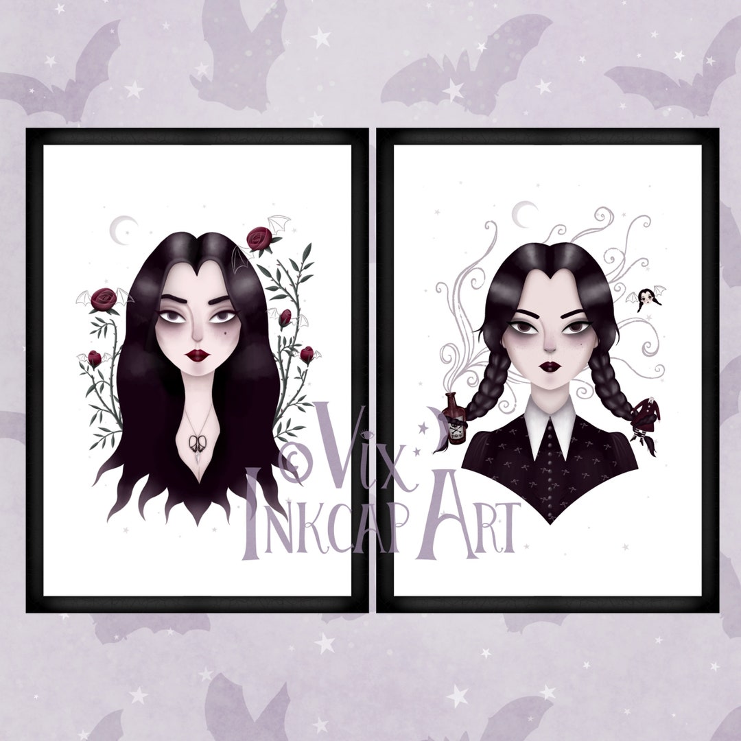 Wednesday and Morticia Addams, Gothic Mother Daughter Portrait Wall Art ...