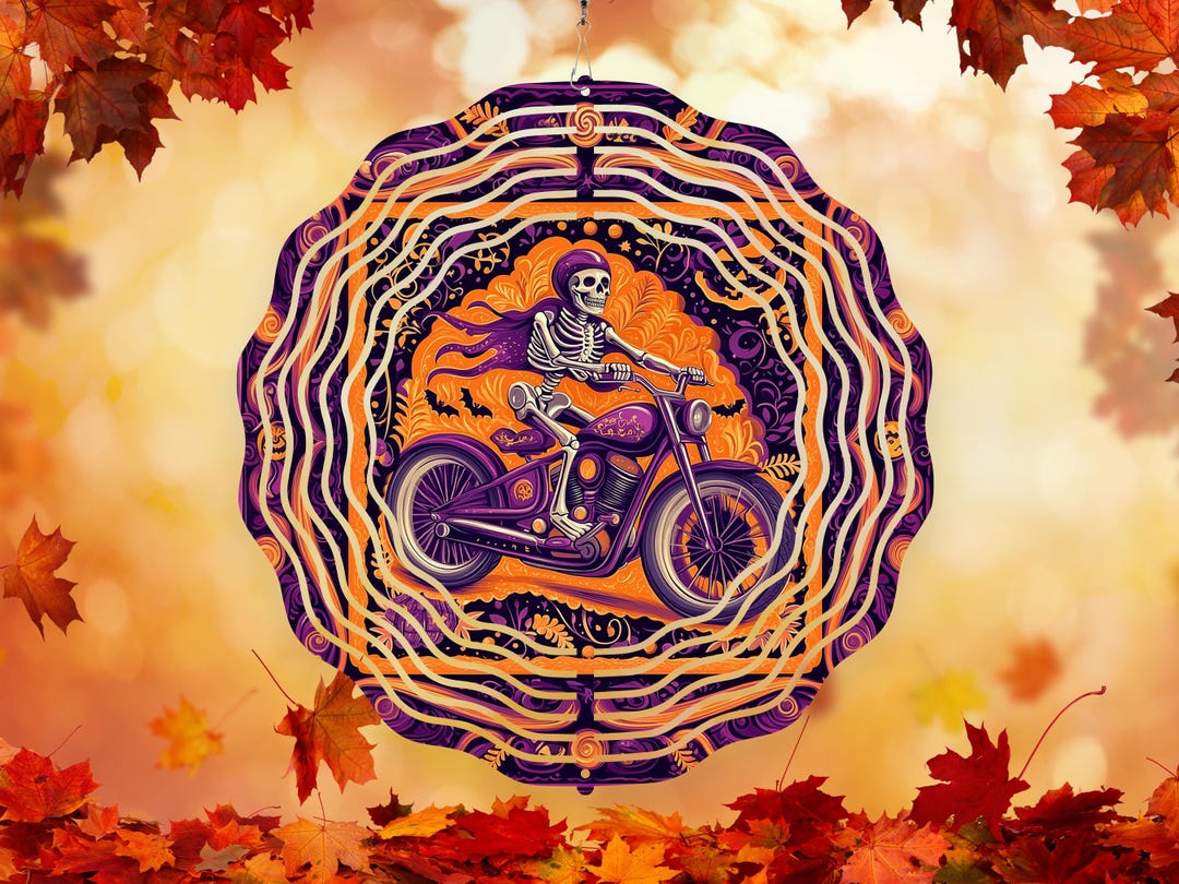 Groovy Colors Skeleton on Motorcycle Wind Spinner Sublimation Design ...