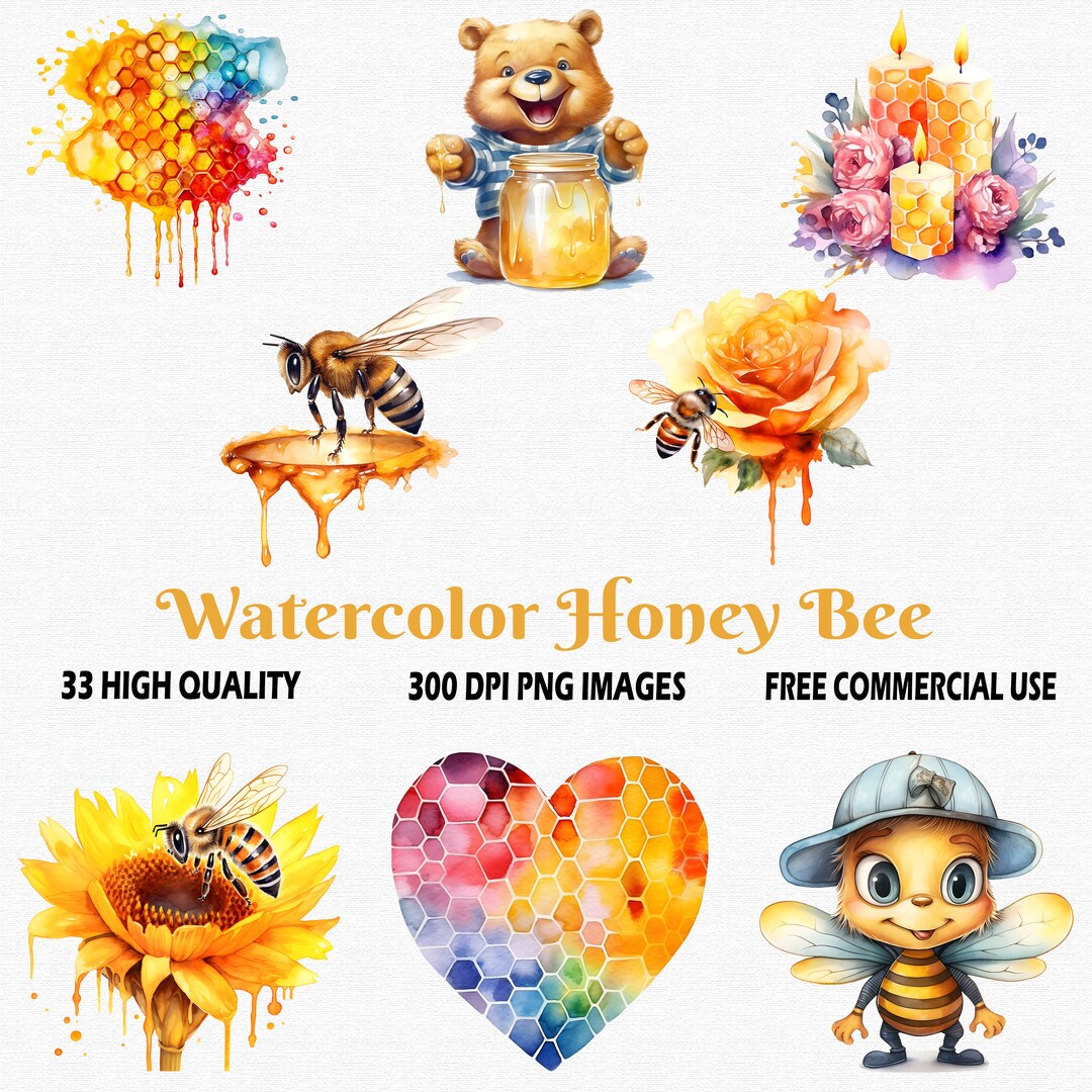 Watercolor Honey Bee Clip Art, 33 High Quality (300 DPI) PNG Images ...